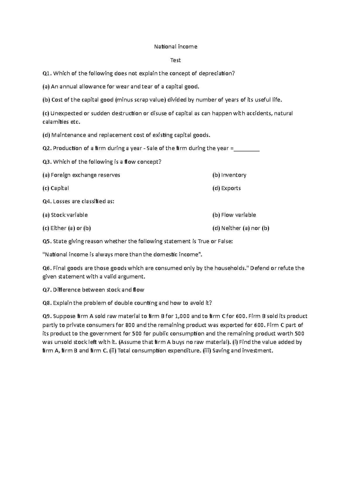 National income TEST 2 - National income Test Q1. Which of the ...