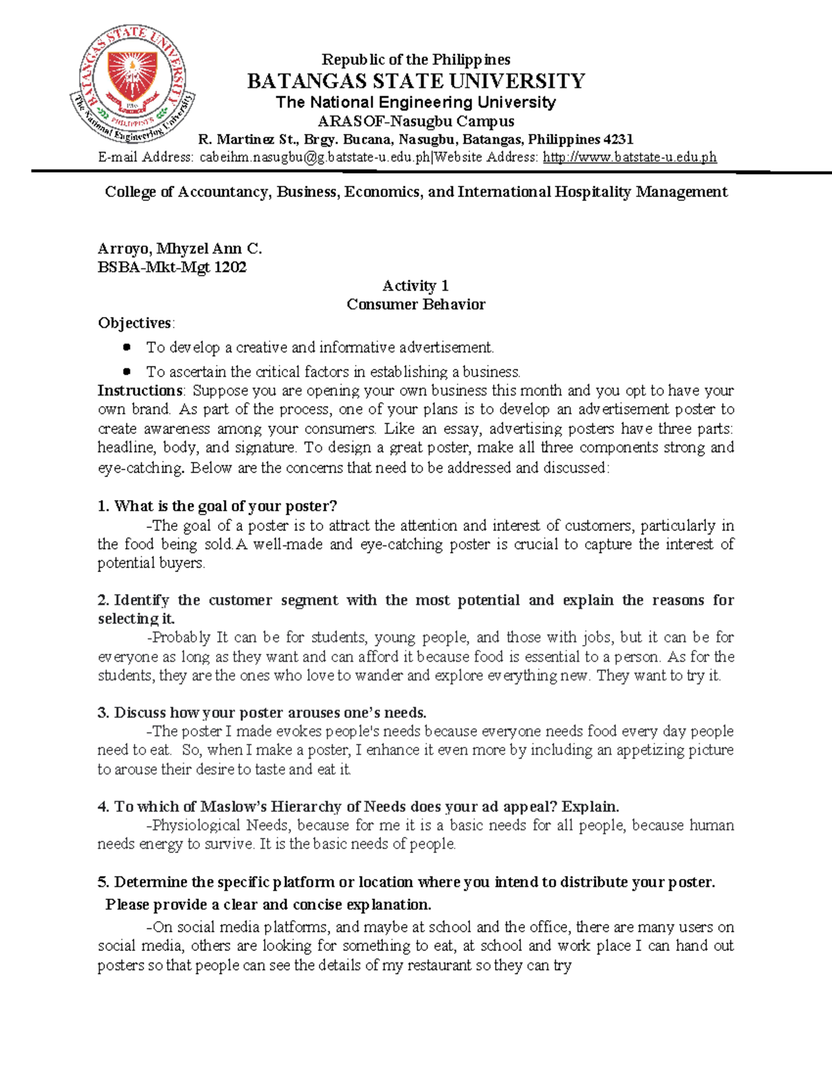 Arroyo- Activity 1 Consumer Behavior-MM-1202 - Republic of the ...