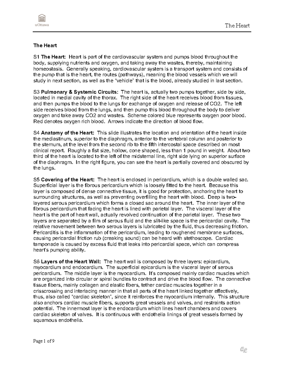 Notes T4b Heart - The Heart S 1 The Heart: Heart is part of the ...