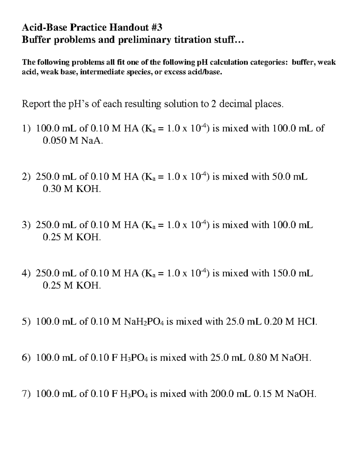 Acid-Base Practice Handout 3 - Calculating p H for Various Solution ...