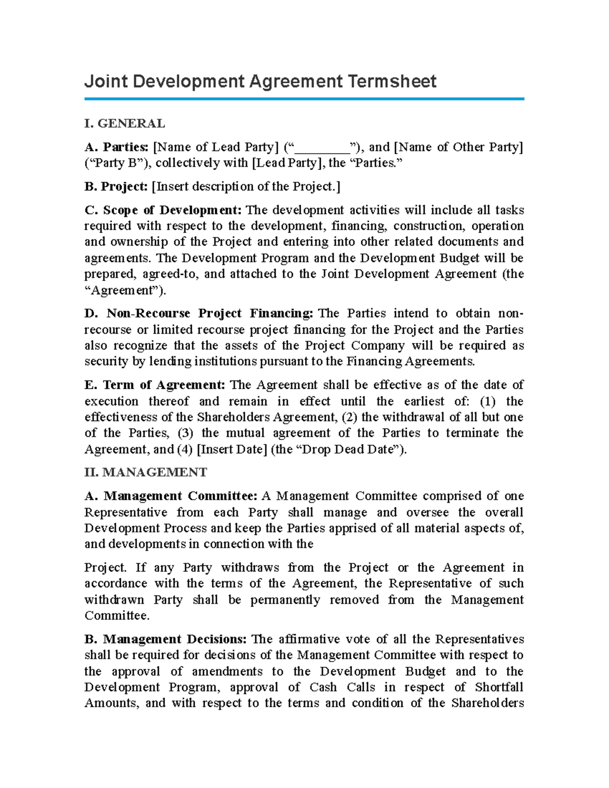 WB Joint Development Agreement Termsheet - GENERAL A. Parties: [Name of ...