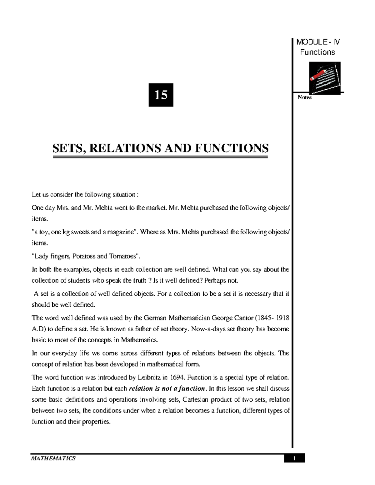 2 Set Relation Function Sets Relations And Functions Module Iv Functions 15 Notes Sets