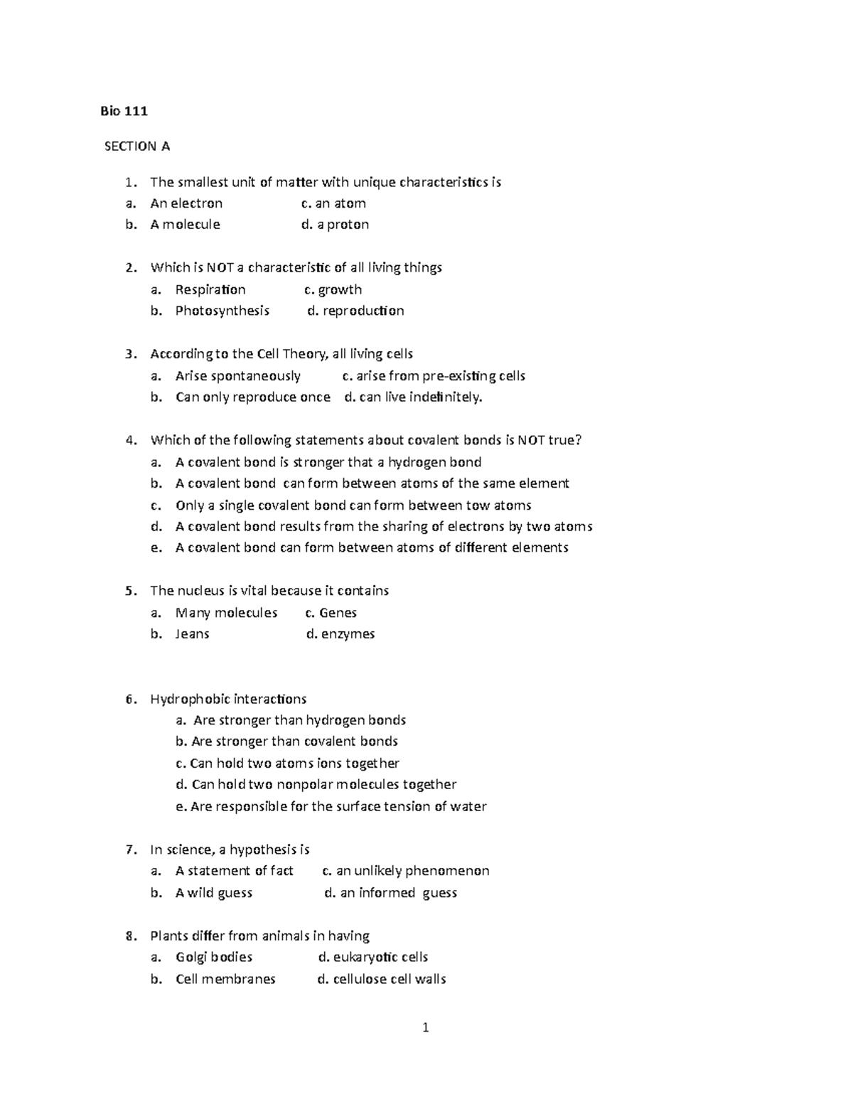 BIO 111 test 1 -2009 marking guide - Principles of Biology - UB - Studocu