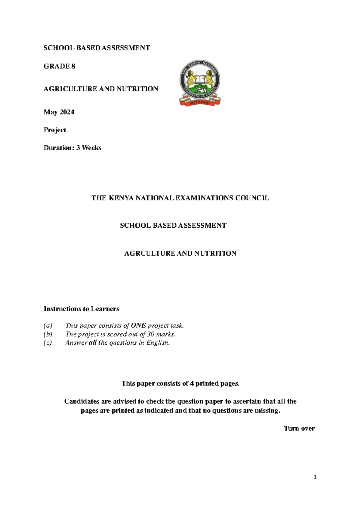 Agriculture 1 Project Grade 8 2024 TERM 2 - SCHOOL BASED ASSESSMENT ...