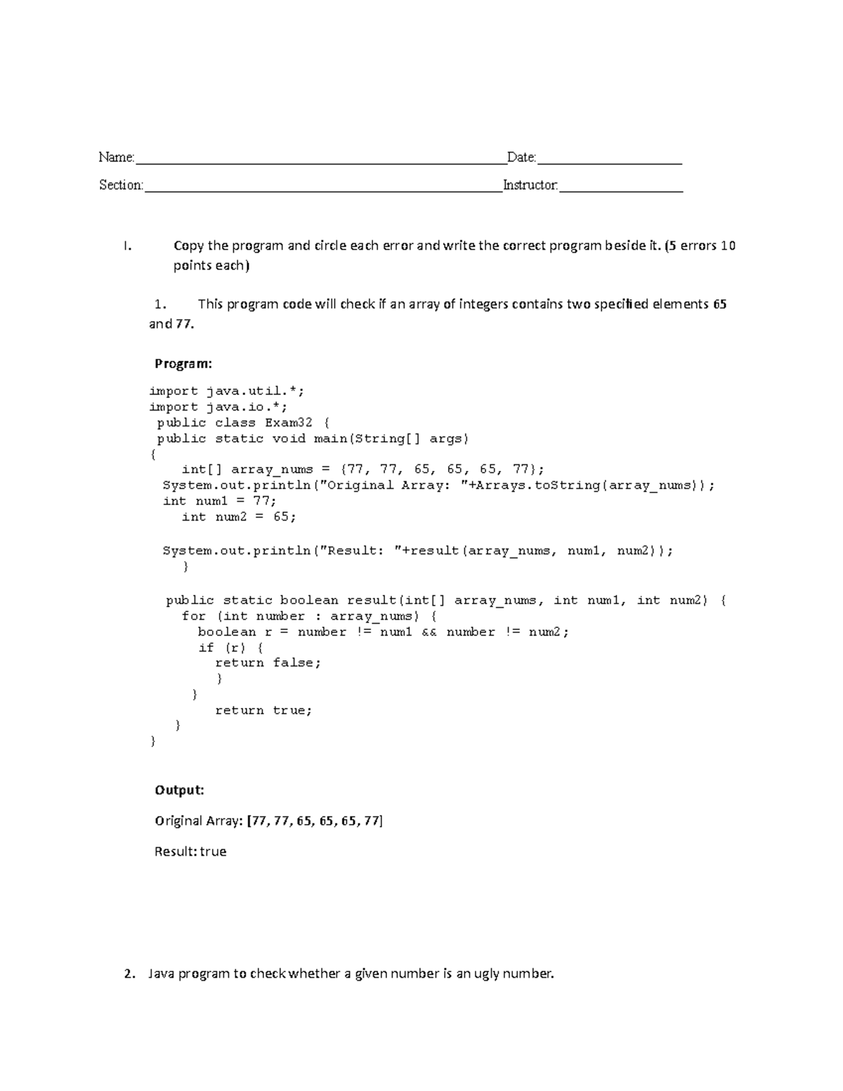 JAVA EXAM - problem - Name:_________________________________Date: - Studocu
