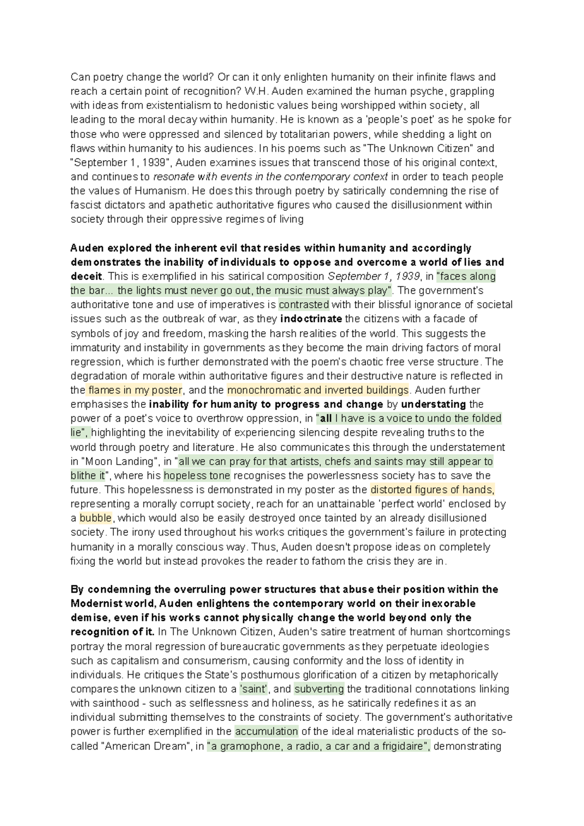 English M2 Speech - W.H. Auden (Poetry Unit) - Can poetry change the ...