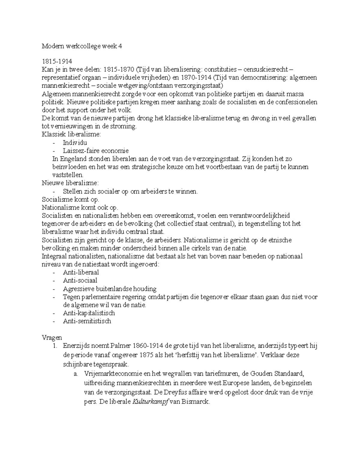 Moderne Geschiedenis week 4 deel A - Modern werkcollege week 4 Kan je ...