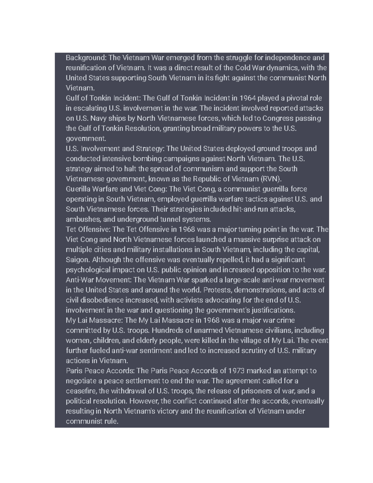 The Vietnam War - key notes - Background: The Vietnam War emerged from ...