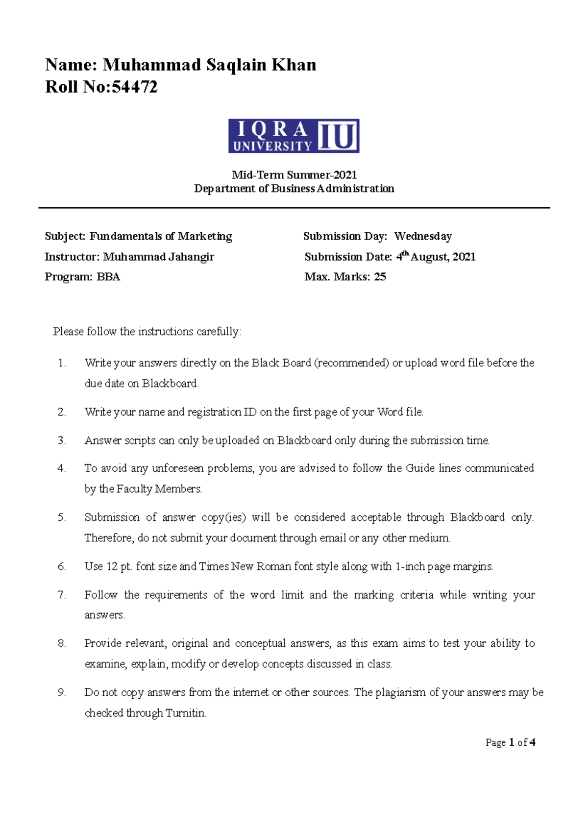 Fundamentals of Marketing TEST SAMPLE FOR MIDS - Name: Muhammad Saqlain ...