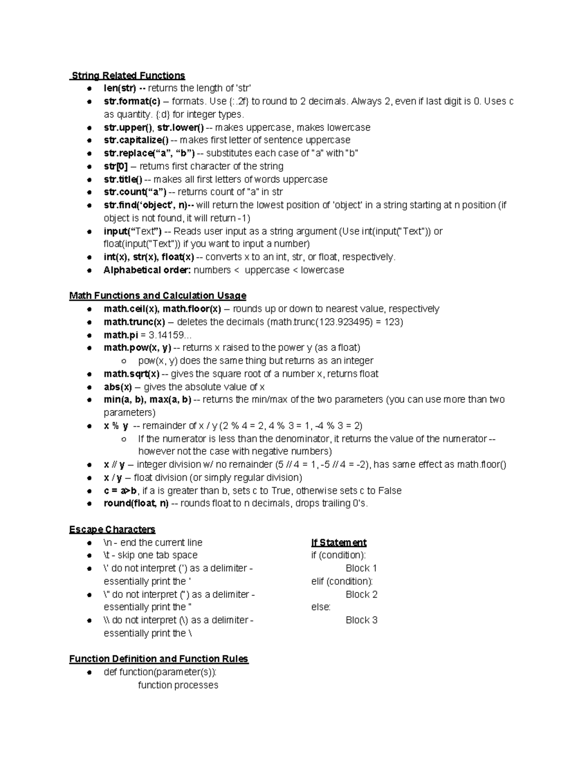 Crib Sheet for exam 1 - String Related Functions len(str) - returns the ...