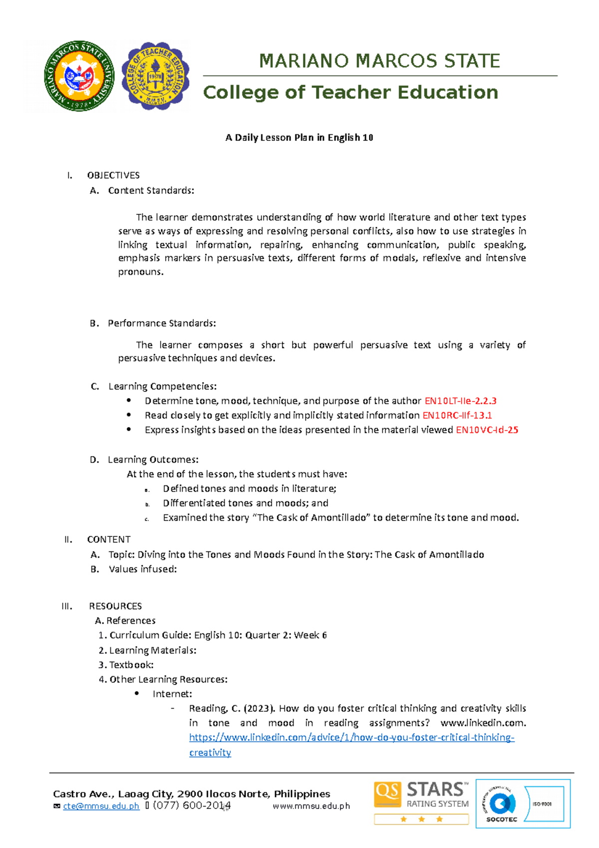 DLP-2-Ver - Useful - A Daily Lesson Plan in English 10 I. OBJECTIVES A ...