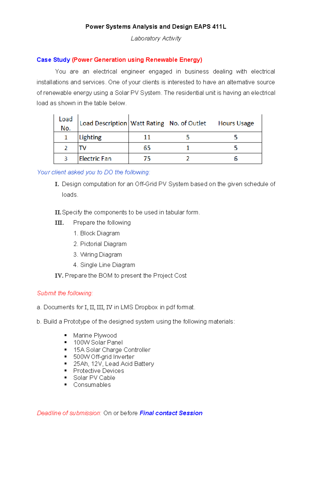 LAB- Activity - Power Systems Analysis and Design EAPS 411L Laboratory ...