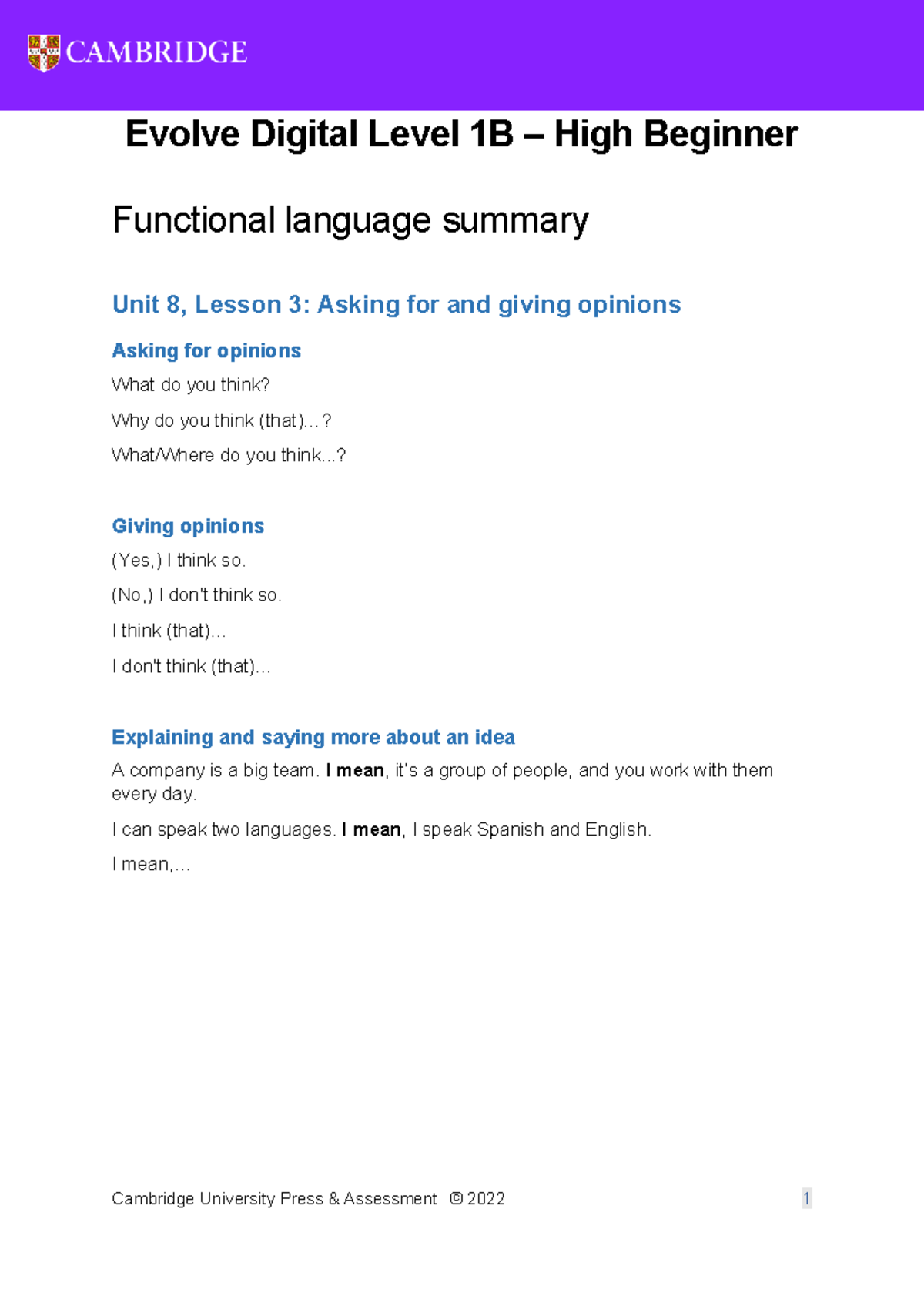 Unit 8 - HB - Functional language - Cambridge University Press & Assessment © 2022 1 Evolve ...