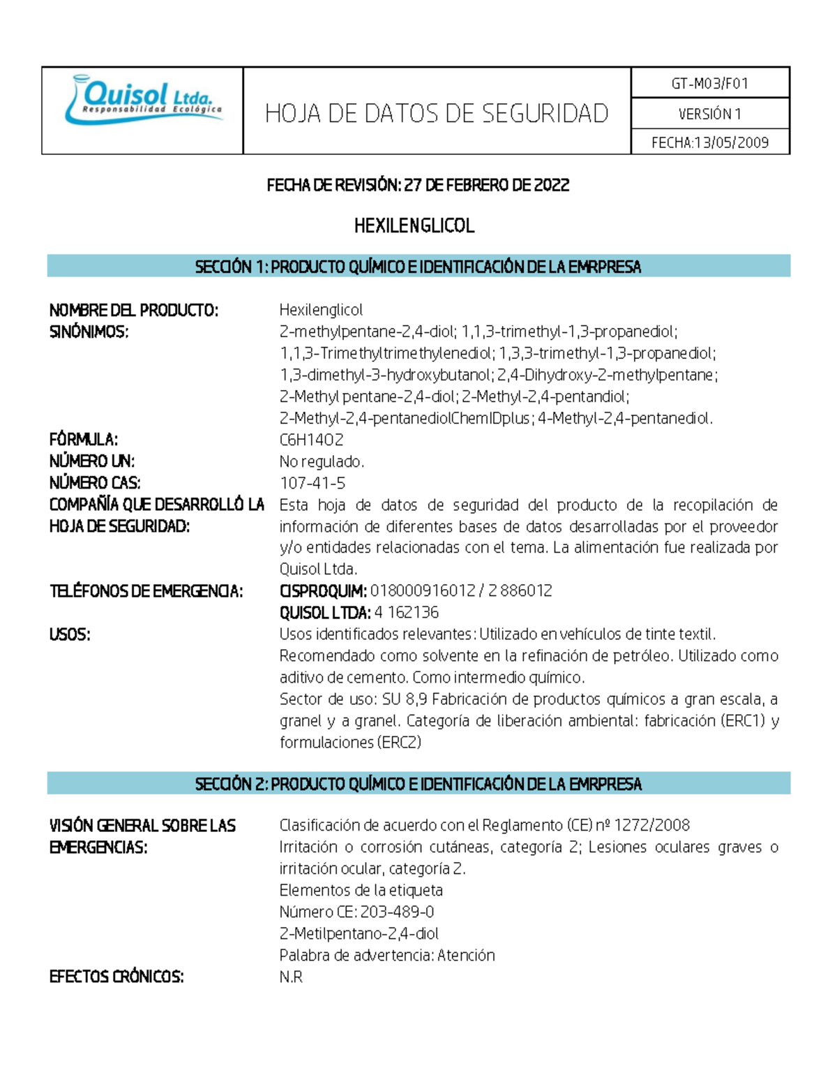 TE Hexilenglicol - CRTIFICADO - HOJA DE DATOS DE SEGURIDAD VERSIÓN 1 ...