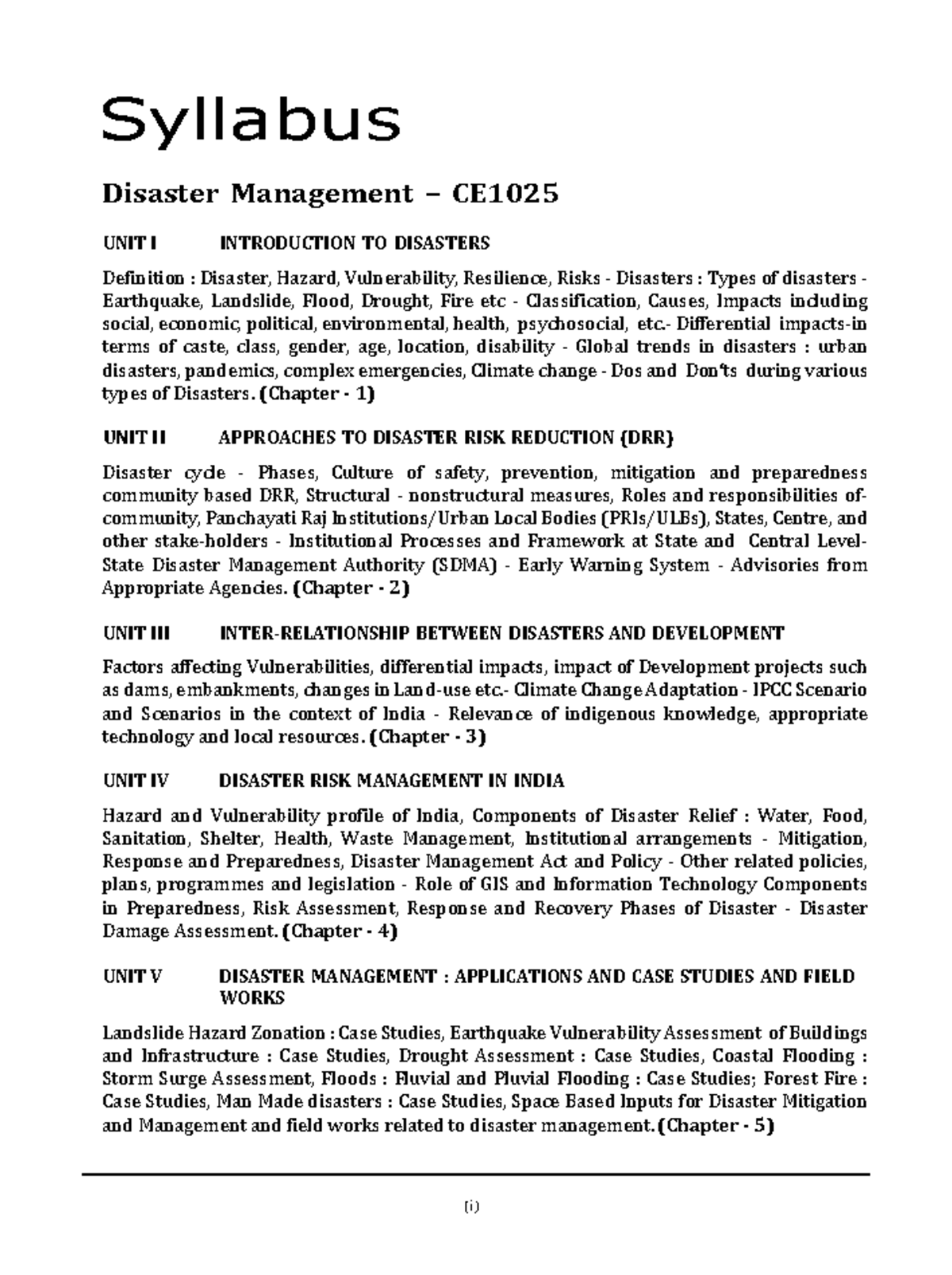 CE1025 - Disaster Management 5 Units Notes - (i) Syllabus Disaster ...