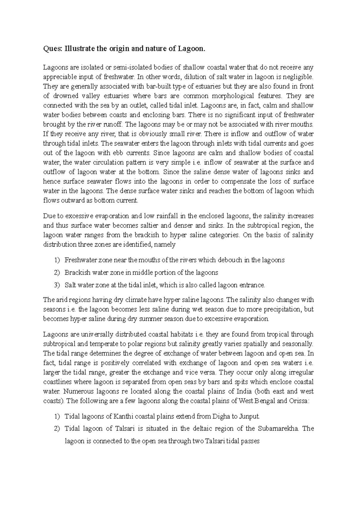 Lagoons - it includes diagrams - Ques: Illustrate the origin and nature ...