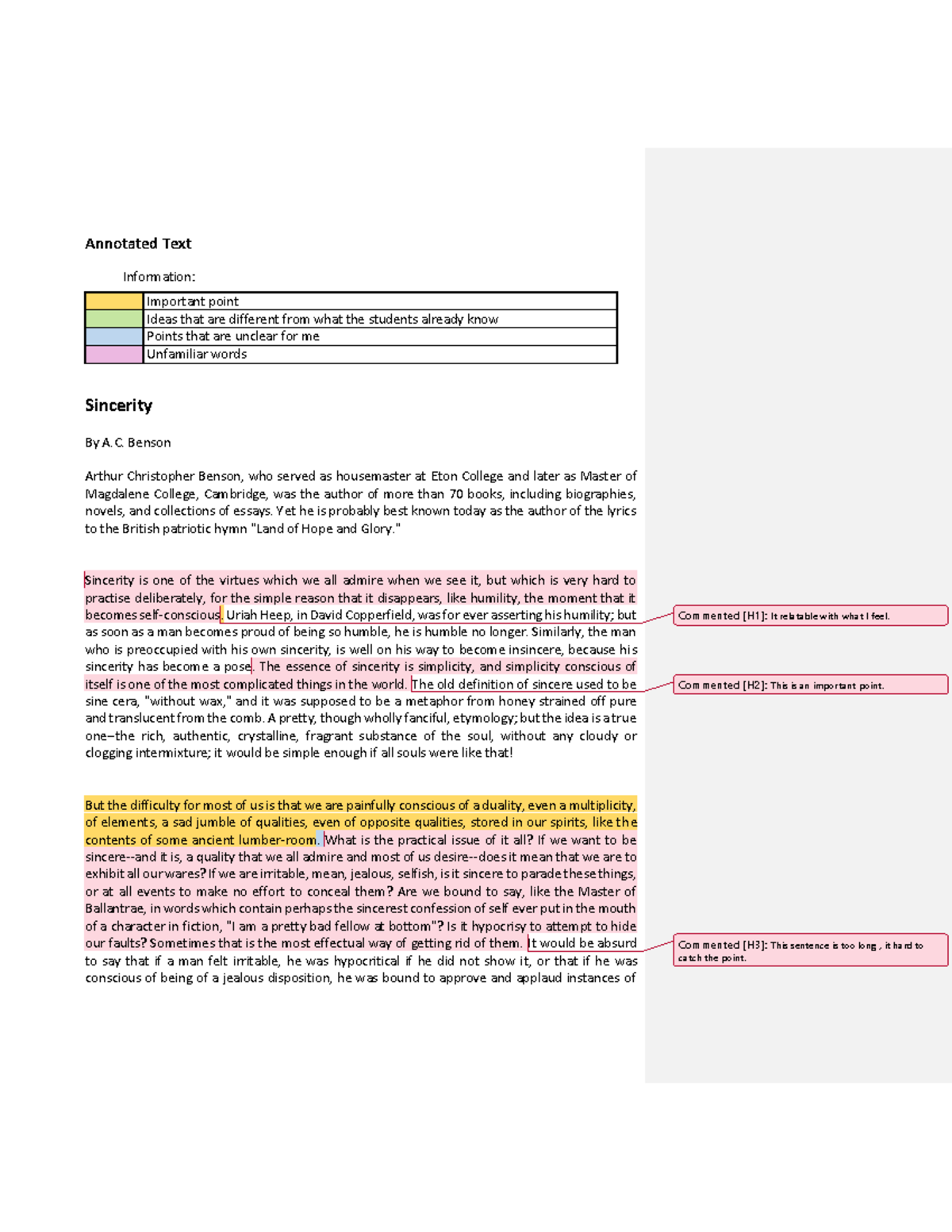 Annotated Text - Annotated Text Information: Sincerity By A. Benson ...