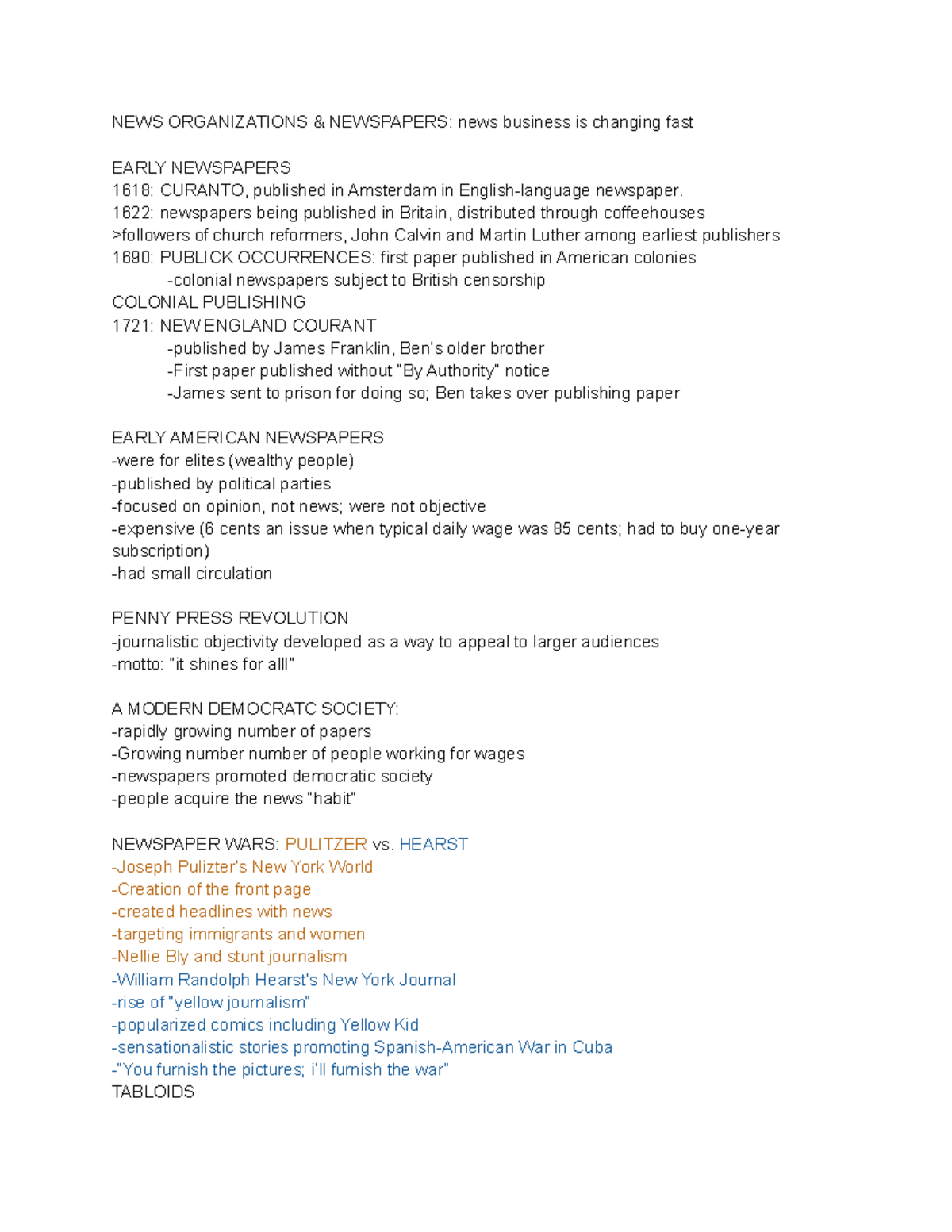 Chapter 6 notes - NEWS ORGANIZATIONS & NEWSPAPERS: news business is ...