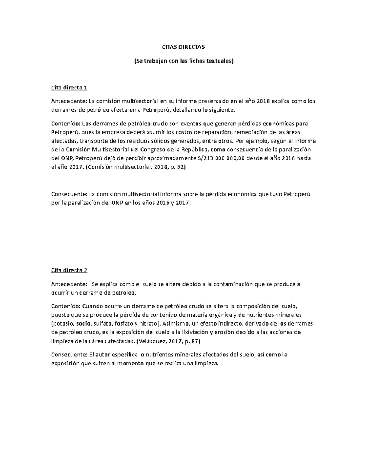 Formato de cita directa - CITAS DIRECTAS (Se trabajan con las fichas ...