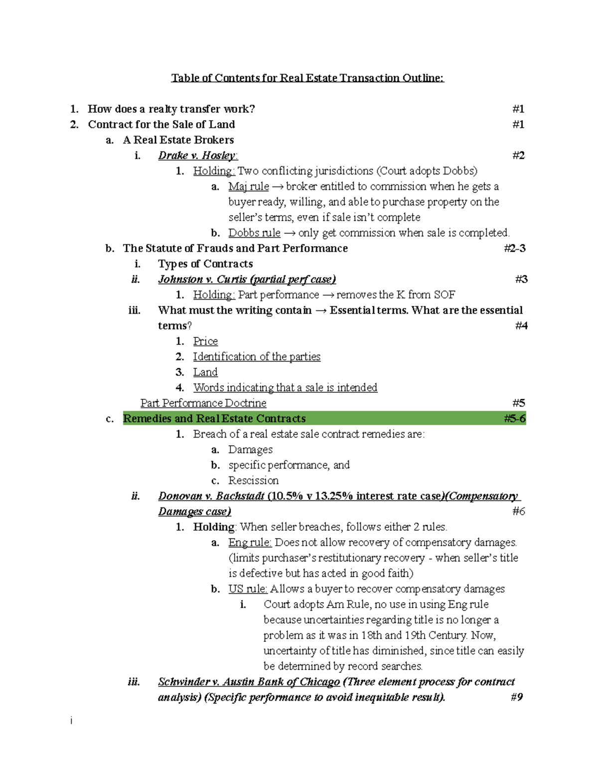REAL Estate Table OF Contents Outline - Table of Contents for Real ...