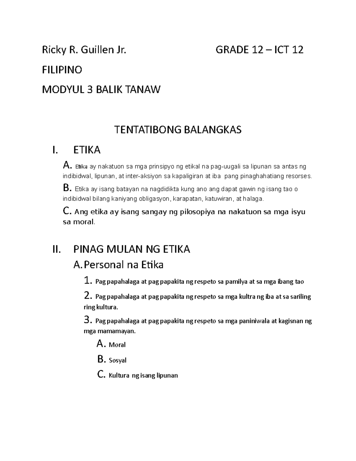Modyul 3 - Balik Tanaw - Ricky R. Guillen Jr. GRADE 12 – ICT 12 ...