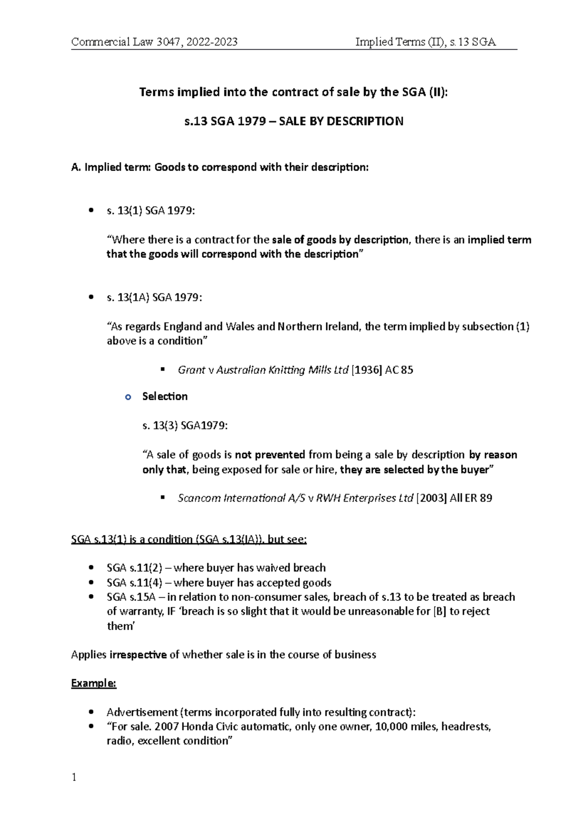 Implied Terms (II), s.13 SGA - Terms implied into the contract of sale ...