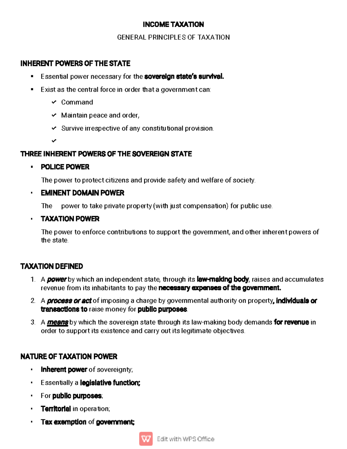 Income- Taxation lecture notes - INCOME TAXATION GENERAL PRINCIPLES OF ...
