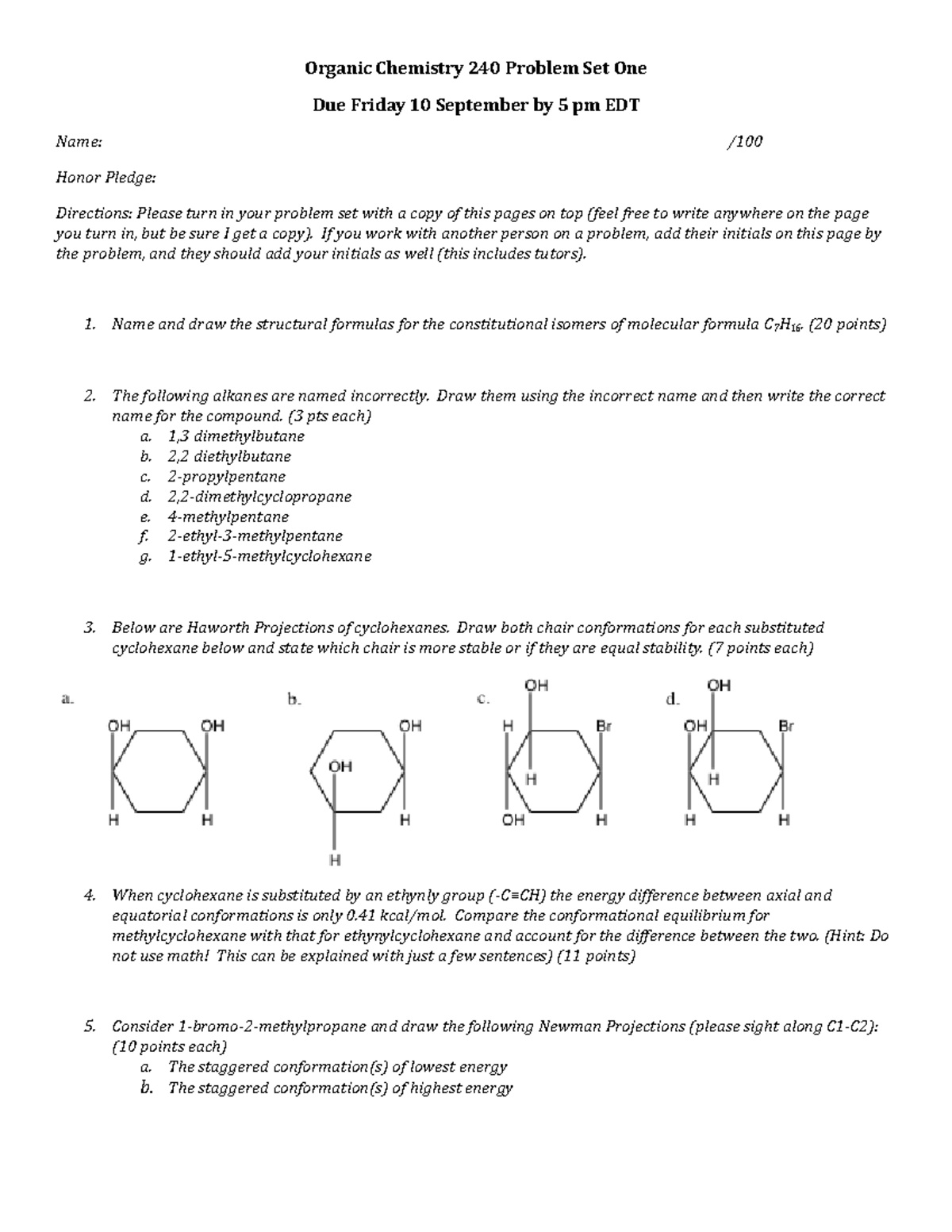 Problem Set 1 - Haworth Projections of cyclohexanes and more - Organic ...