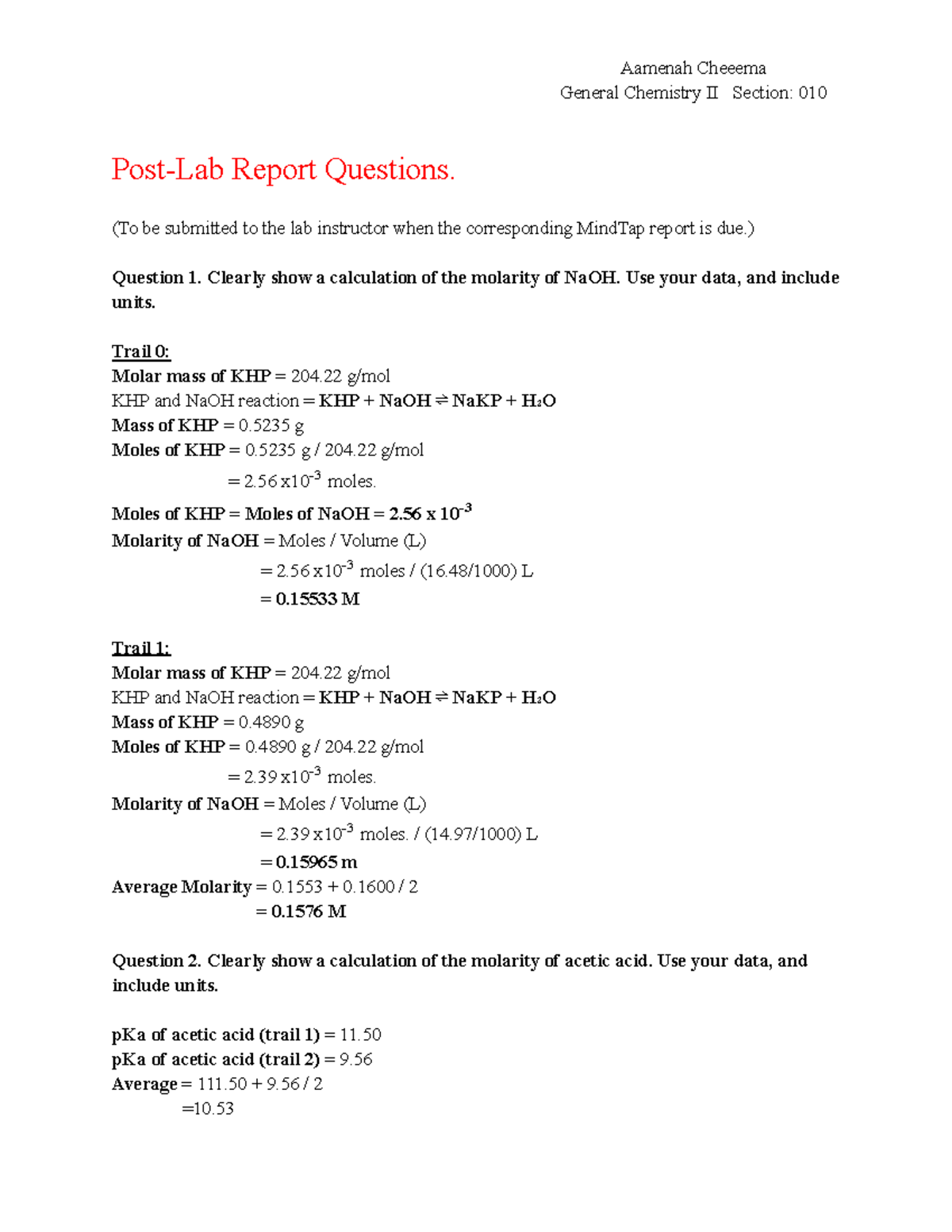 Post lab Report 7. - post lab - General Chemistry II Section: 010 Post-Lab Report Questions. (To ...