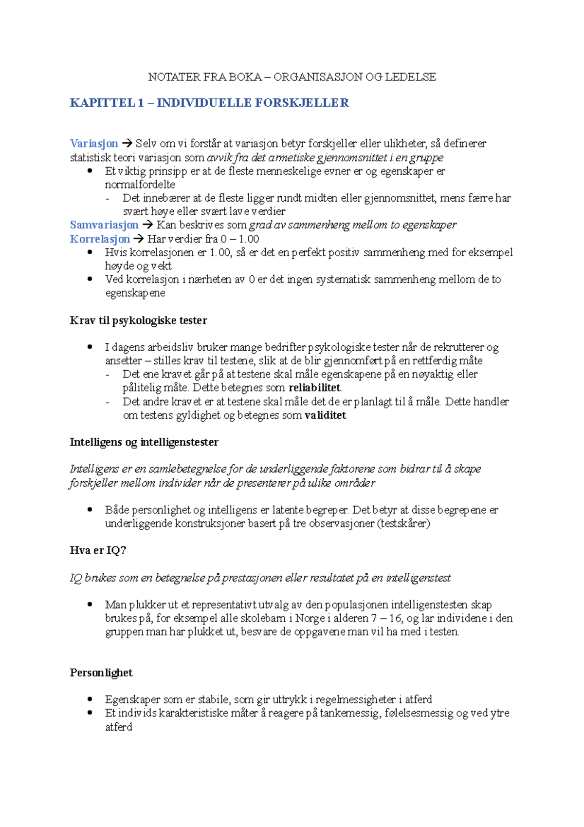 Notater FRA BOKA - org - NOTATER FRA BOKA – ORGANISASJON OG LEDELSE KAPITTEL 1 – INDIVIDUELLE ...