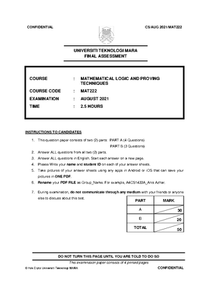 STA233 - UNIVERSITI TEKNOLOGI MARA FINAL ASSESSMENT COURSE ...
