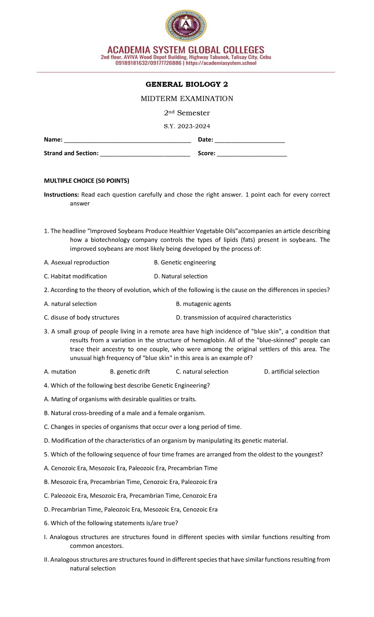 General Biology 2 TQ Midterm - GENERAL BIOLOGY 2 MIDTERM EXAMINATION 2 ...