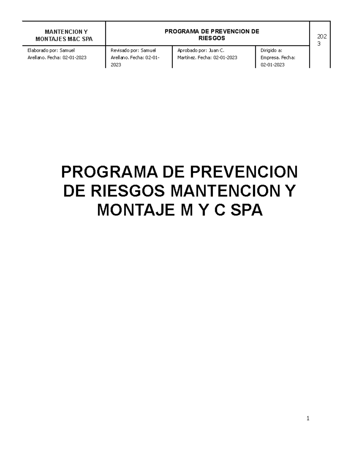 Programa de prevencion de riesgo - 1 MANTENCION Y MONTAJES M&C SPA PROGRAMA DE PREVENCION DE ...