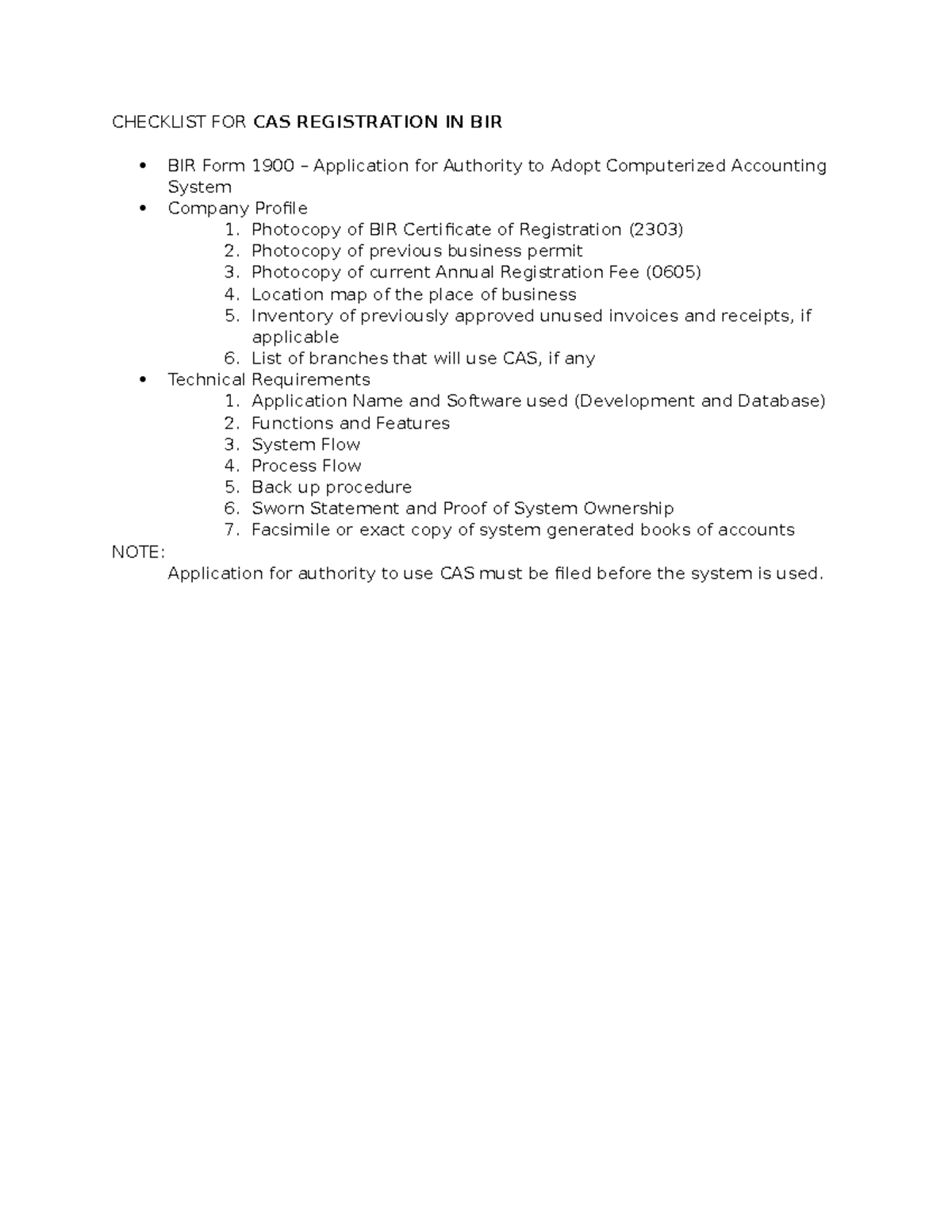 Checklist FOR CAS Registration IN BIR - CHECKLIST FOR CAS REGISTRATION ...