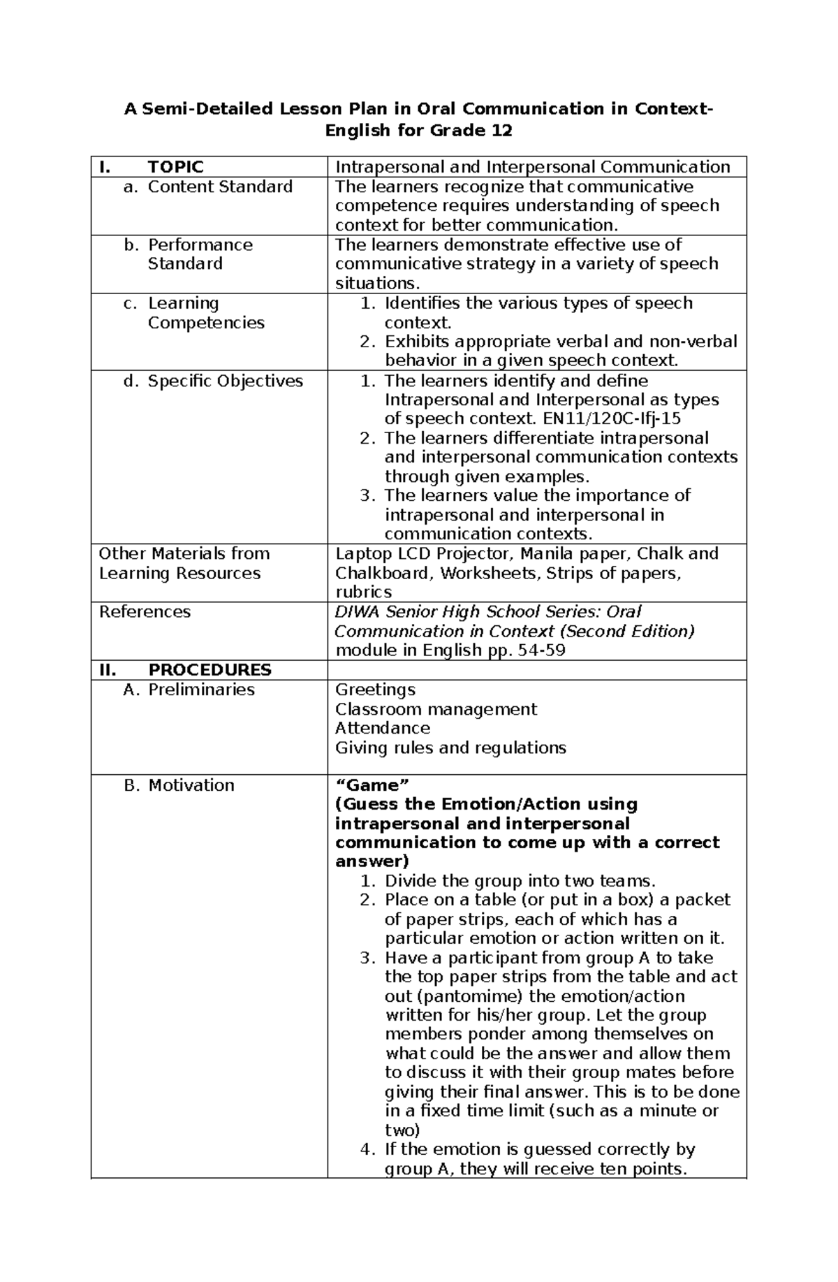 A Lesson Plan in Oral Communication in Context - A Semi-Detailed Lesson ...