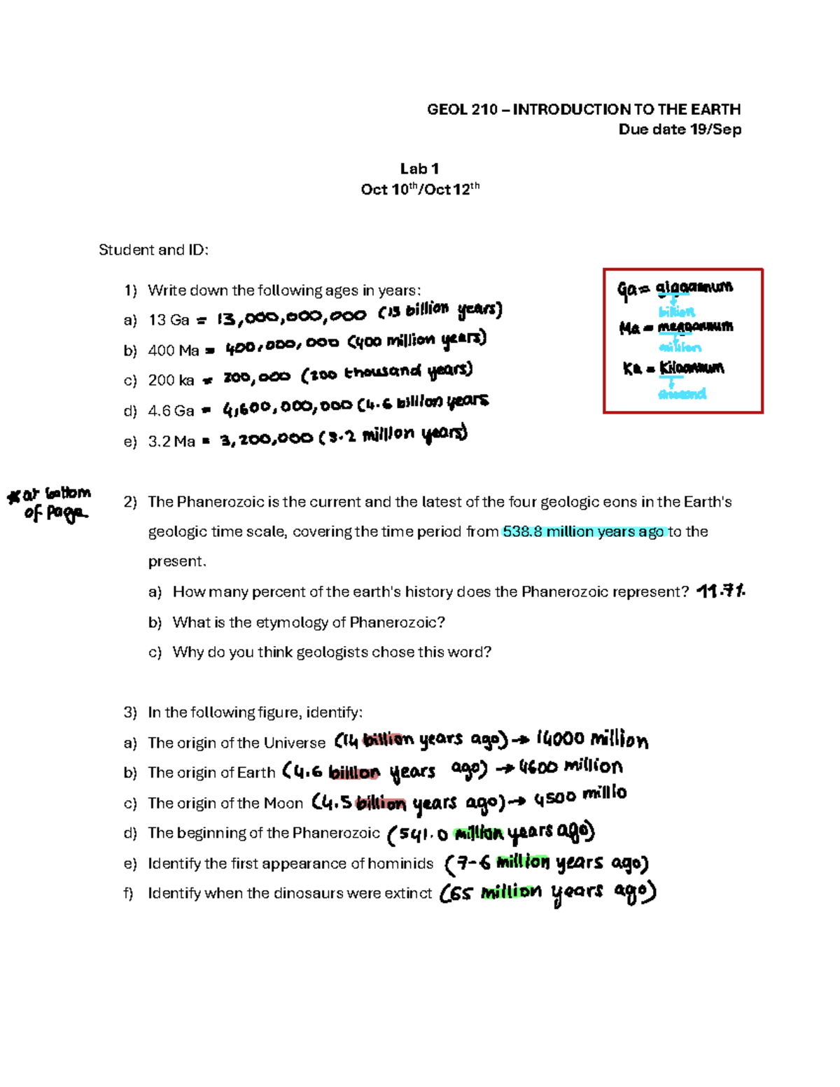 GEOL 210 - Lab 1 - GEOL 210 – INTRODUCTION TO THE EARTH Due date 19/Sep ...