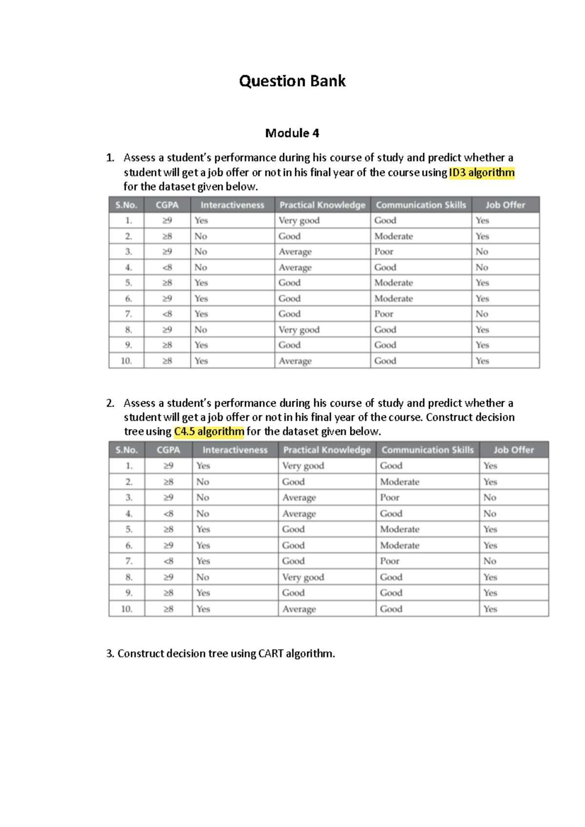 Question Bank CIE - 3 AIML - Question Bank Module 4 1. Assess a student’s performance during his ...