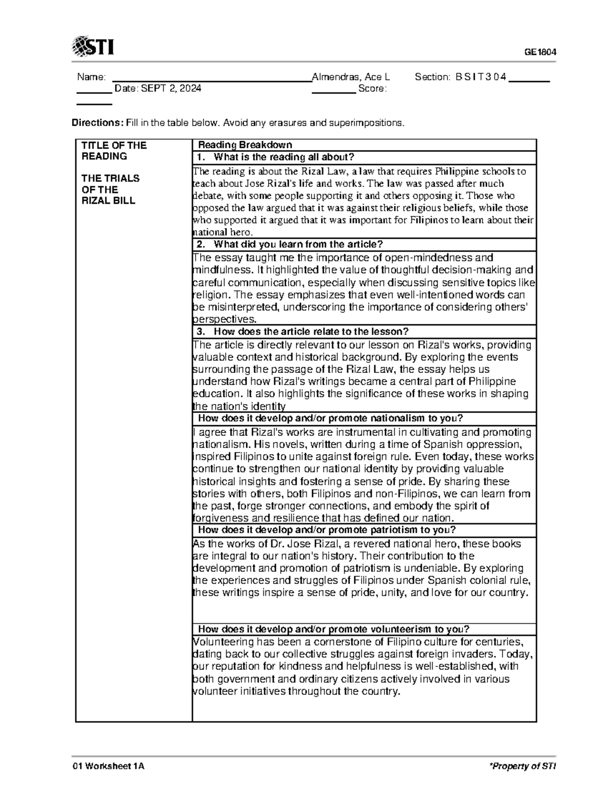 01 Worksheet 1A-for-readings-Rizal-1 - GE Name: Almendras, Ace L ...