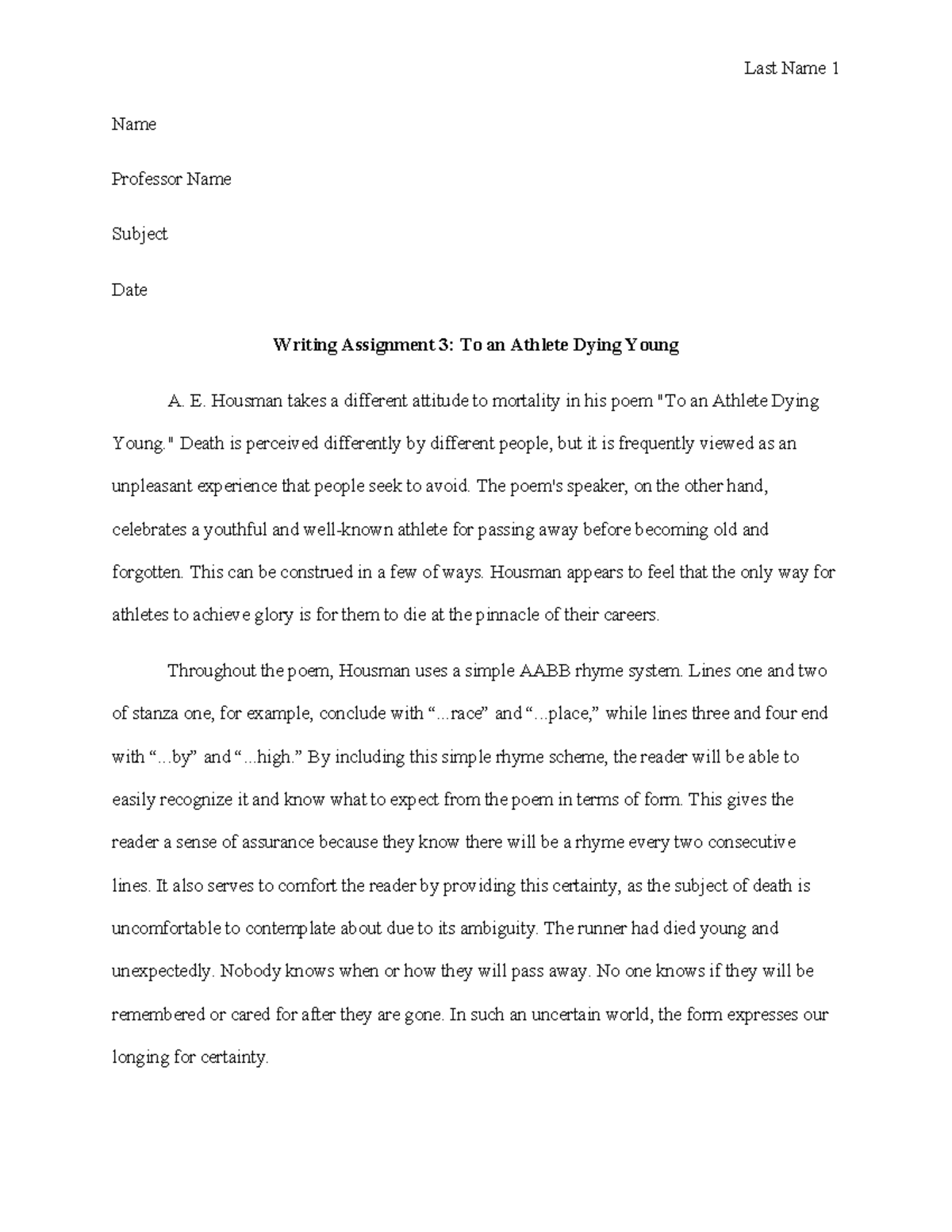 Writing Assignment 3 - Excellent - Name Professor Name Subject Date ...