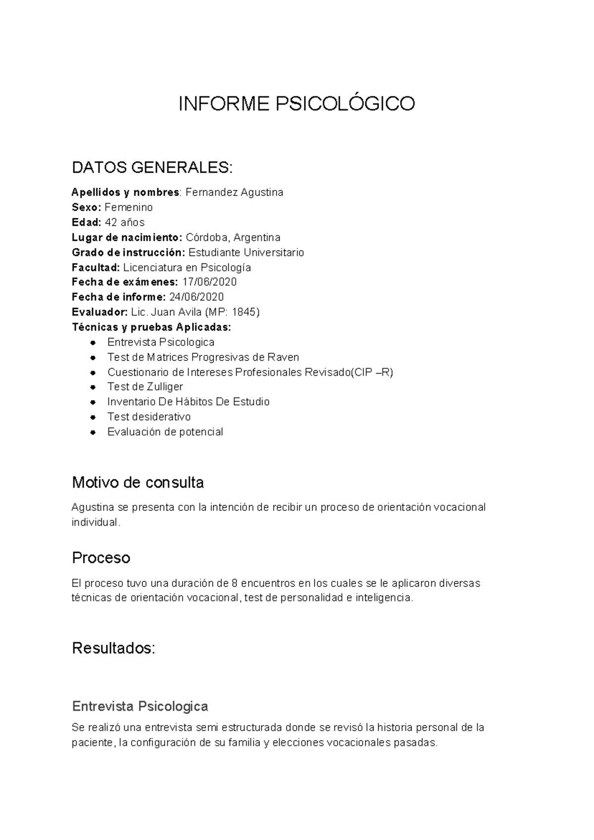 Modelo de informe psicologico clinico - INFORME PSICOLÓGICO DATOS GENERALES: Apellidos y nombres ...
