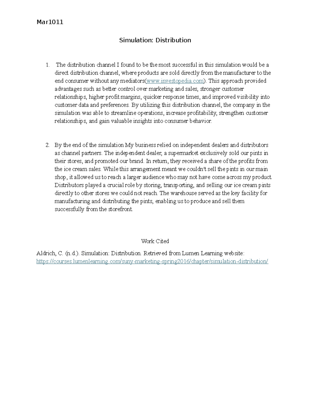 Simulation 4 - Mar Simulation: Distribution The distribution channel I ...