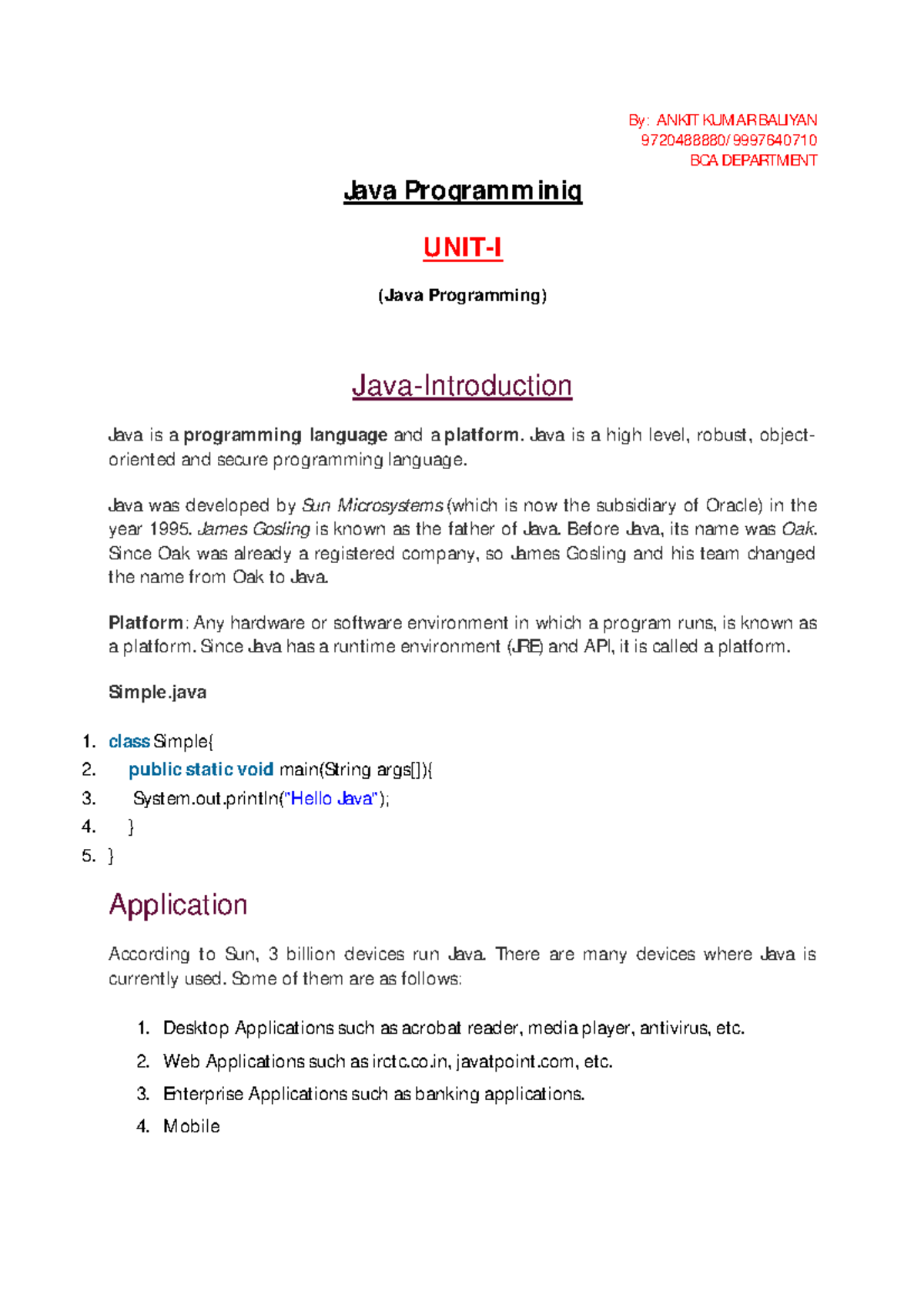 UNIT-I JAVA - 9720488880/ 9997640710 BCA DEPARTM ENT Java Programminig UNIT-I (Java Programming ...