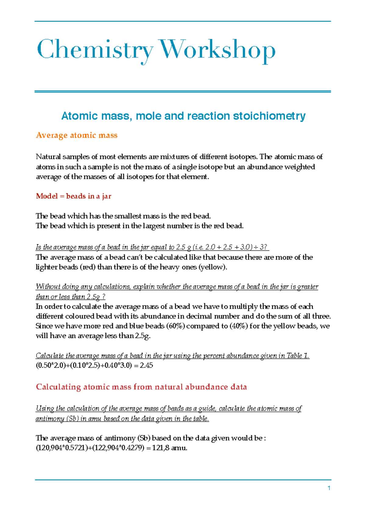WS: Atomic mass, mole and reaction stoichiometry - Chemistry Workshop ...