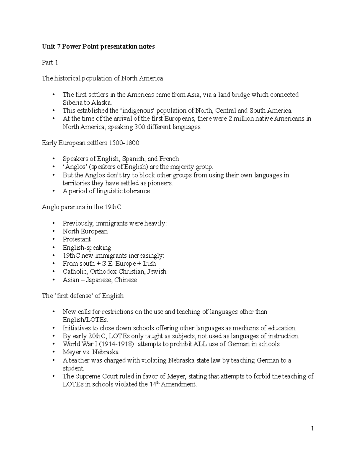 Unit 7 Languages in the USA - Unit 7 Power Point presentation notes ...