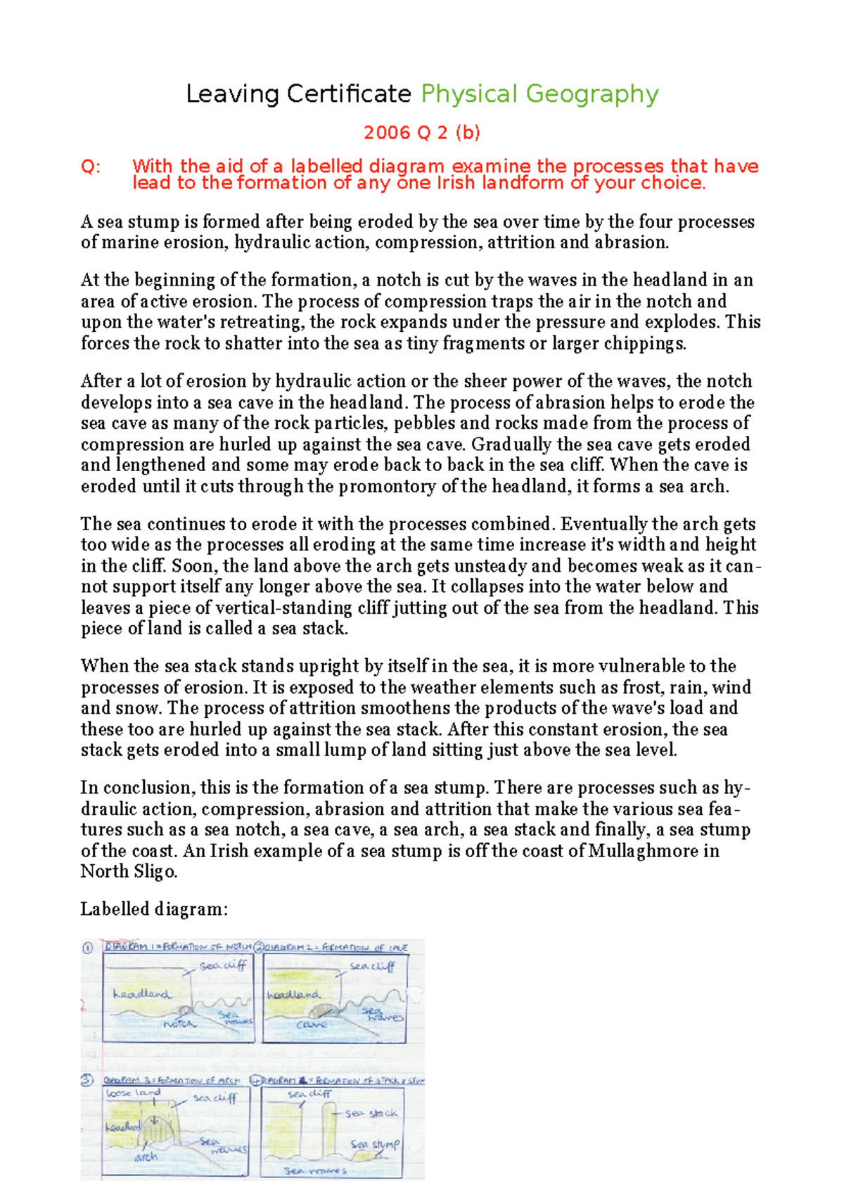 Stump Formation - Leaving Certificate Physical Geography 2006 Q 2 (b) Q ...