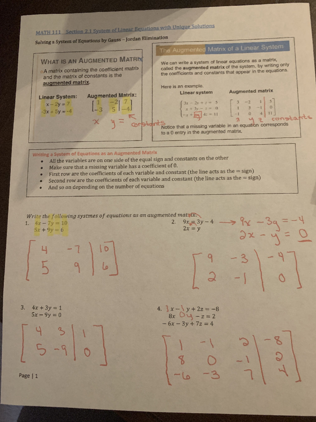 Solving a system of linear equations with unique solutions - MATH 111 ...