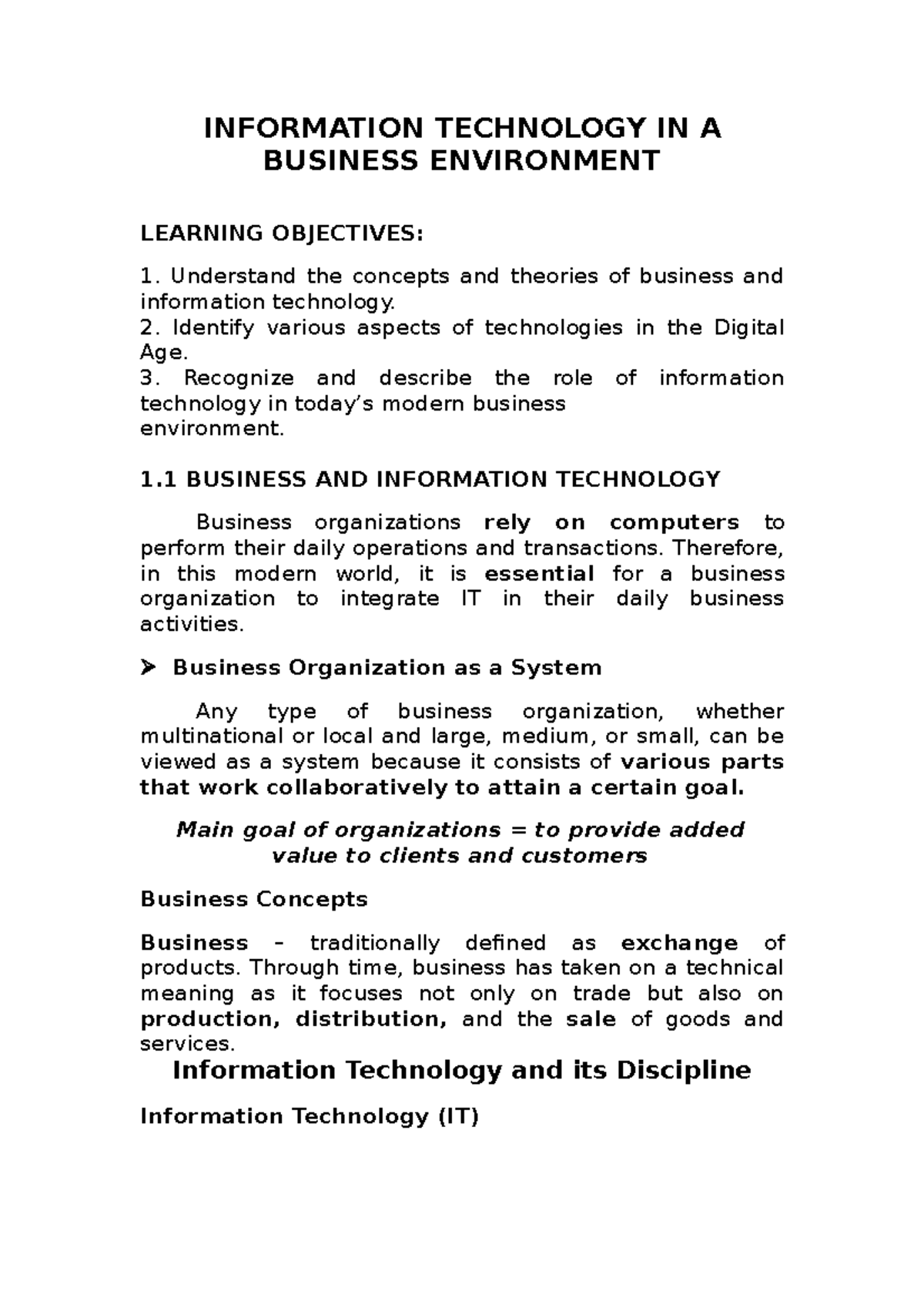 Learning Module 1 - Notes about information technology in a business ...