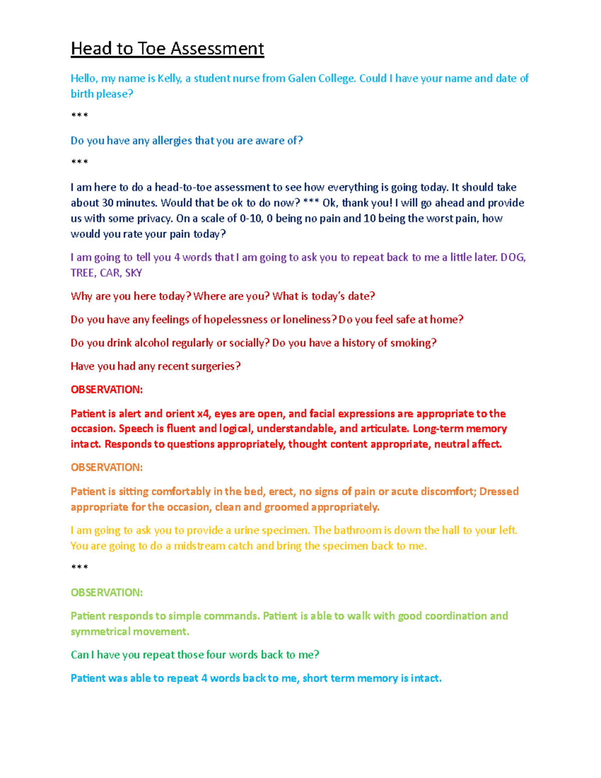 Head to Toe Assessment - HEAD TO TOE - Hello, my name is Kelly, a ...