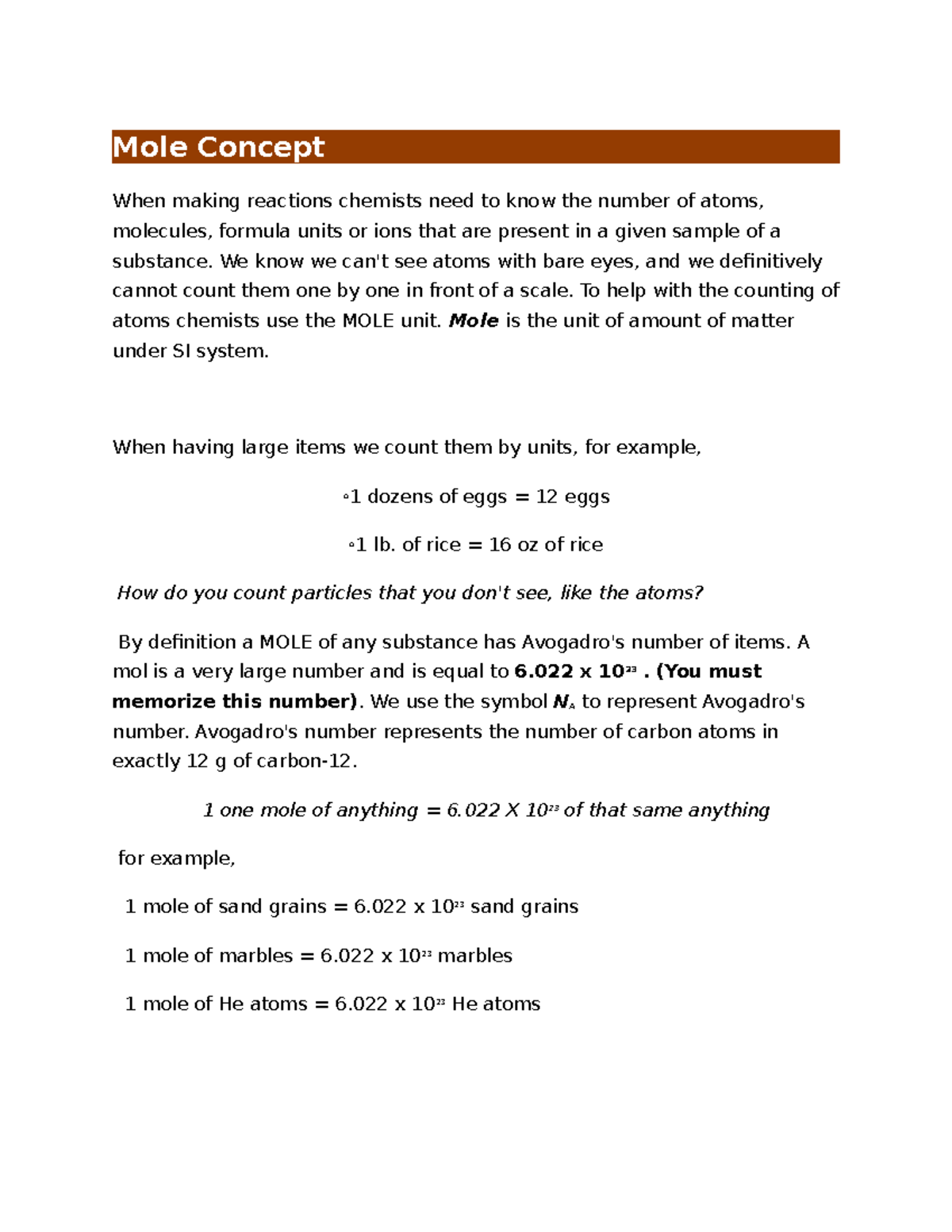 Mole Concept - Lecture notes Chapter 6 - Mole Concept When making ...