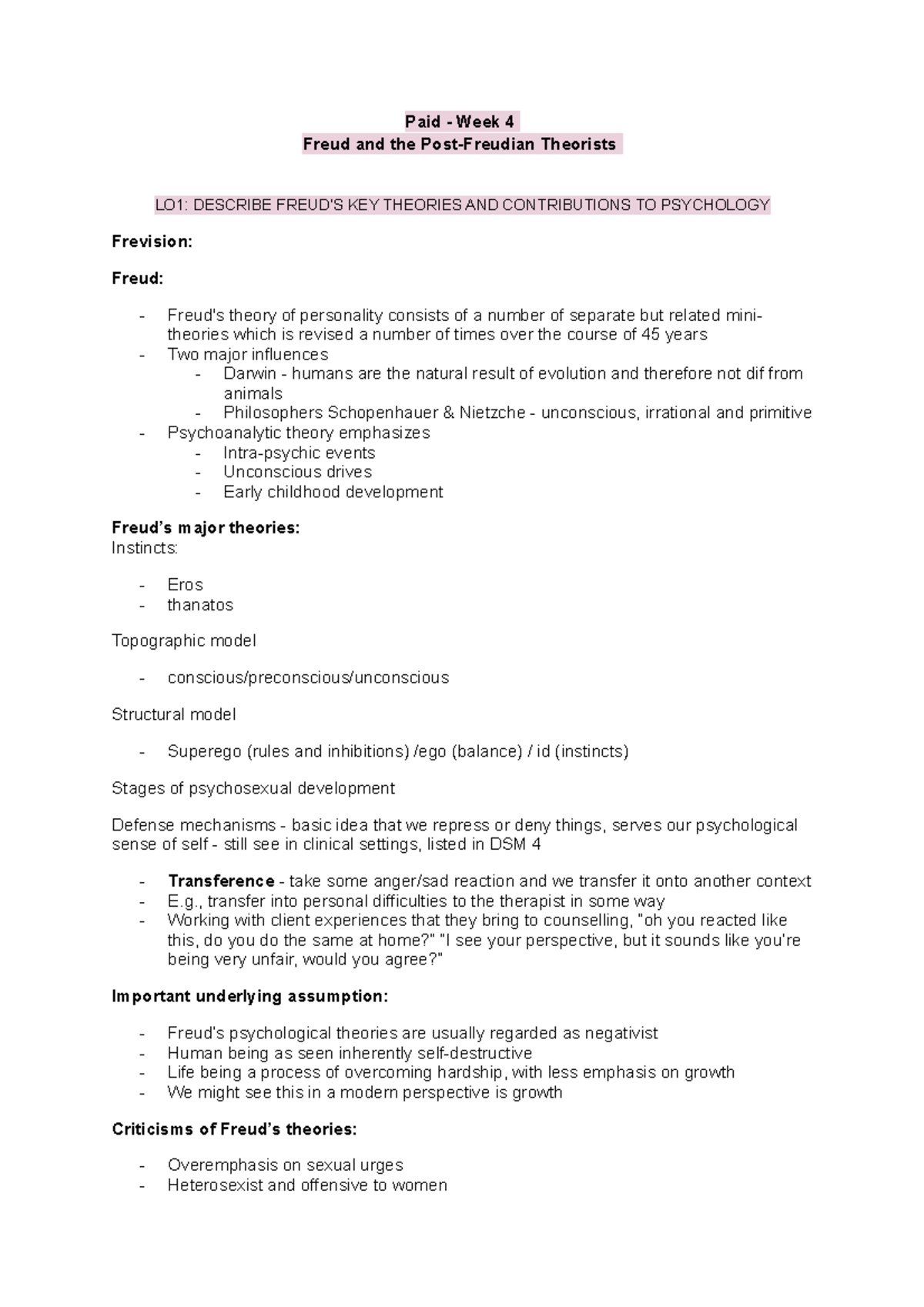 Paid Week 4 Week 4 Lecture Notes Paid Week 4 Freud And The Post Freudian Theorists Lo1